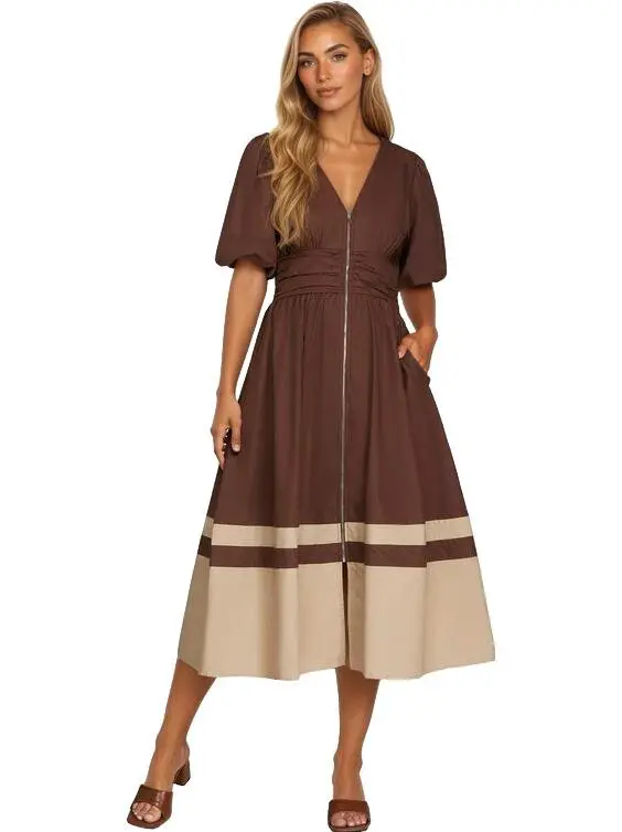KNIT & LOUNGE Colorblock Zip Front Midi Dress - Brown/tan