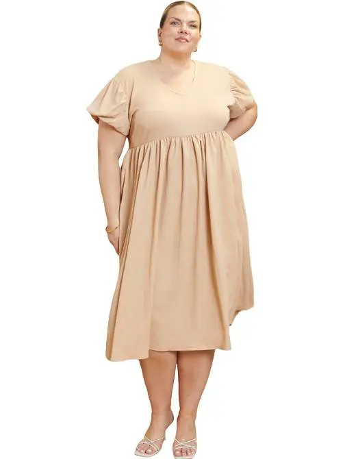 FASHION-SZN CURVE Puff Sleeve Smock Midi Dress - Stone