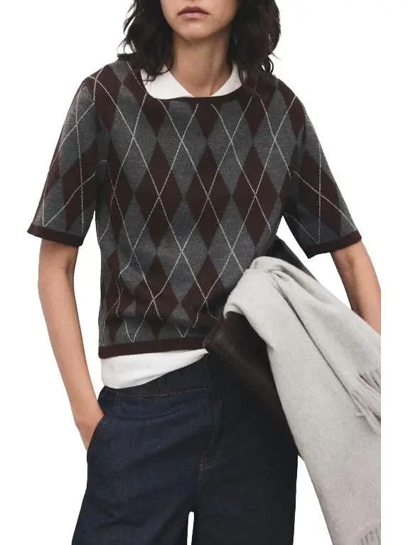 Mango Rombus Argyle Plaid Short Sleeve Sweater - Grey