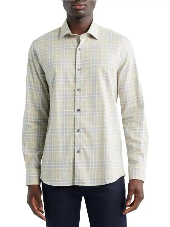 Scott Barber Weekend Regular Fit Heathered Plaid Cotton Button-up Shirt - Khaki Heather