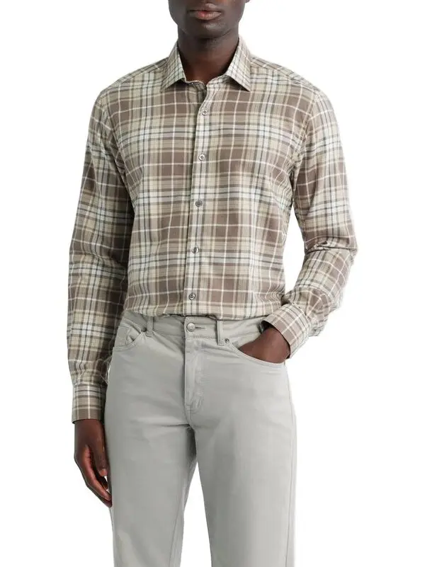 Scott Barber Weekend Regular Fit Heathered Plaid Cotton Button-up Shirt - Cocoa Heather