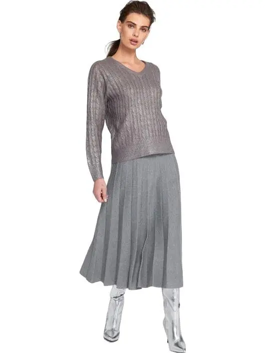 ELLE COLLECTION Pleated Sweater Knit Midi Skirt - Grey