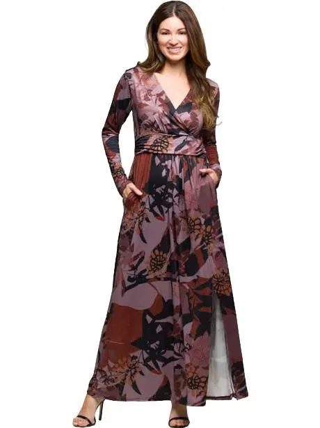 24SEVEN COMFORT APPAREL Floral Print Long Sleeve Wrap Maxi Dress - Gray Multi