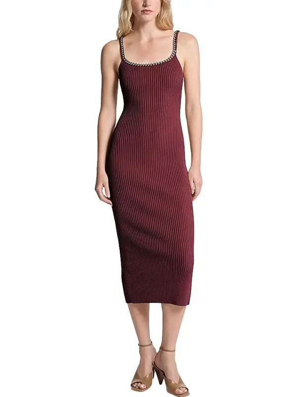 Michael Kors Chain Trim U Neck Ribbed Dress - Oxblood