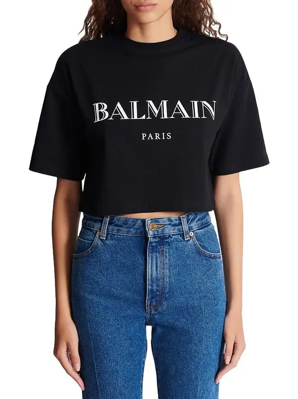 Balmain Boxy Cropped T-shirt With Print - Black
