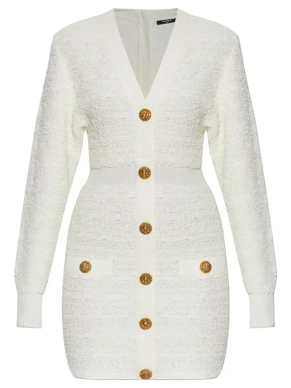 Balmain Tweed Mini Dress With Decorative Buttons - Cream