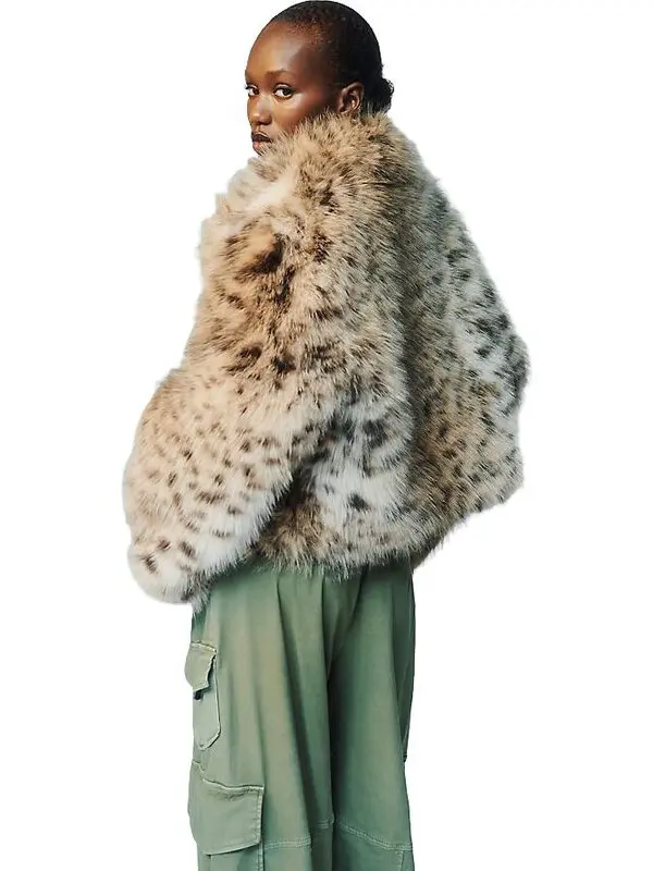 Maeve Faux Fur Cropped Jacket With Zip Front - Snow Leopard