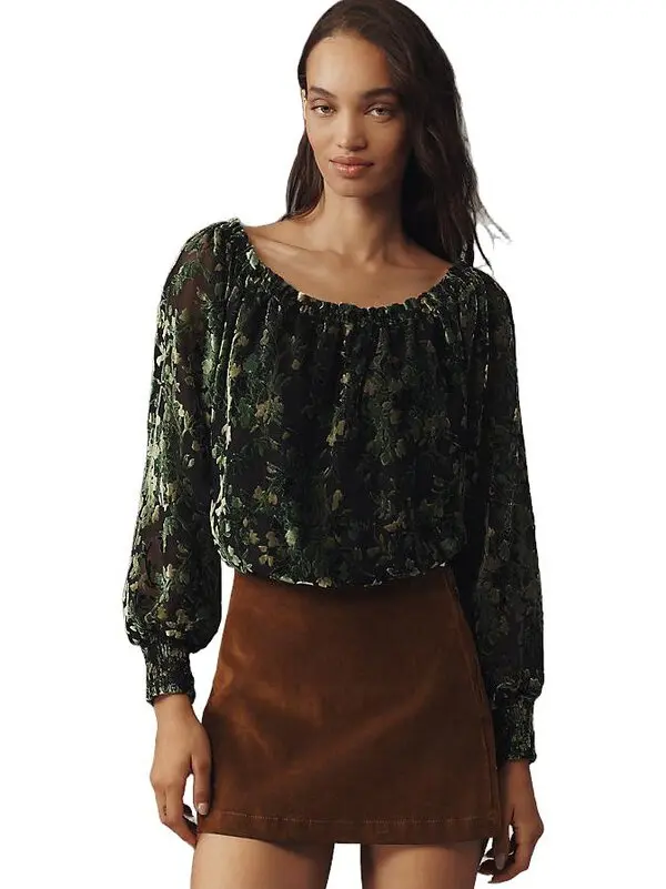 Anthropologie Burnout Velvet Blouse - Green Floral