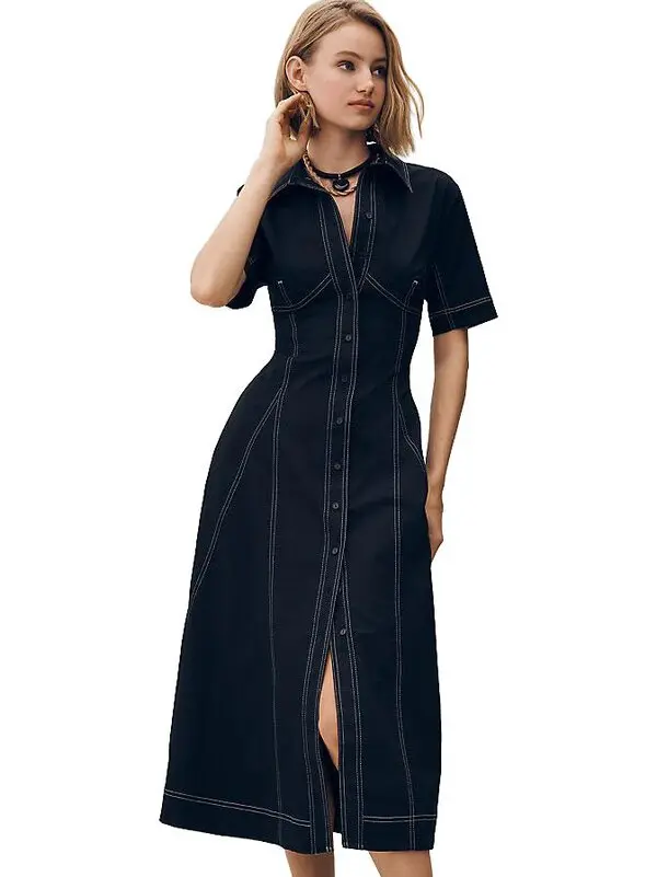 EXQUISE Short-sleeve Seamed Pleated Midi Dress - Black