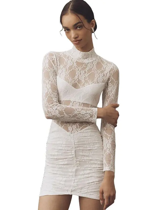 NIGHTCAP Sheer Stretch Lace Mini Dress - White