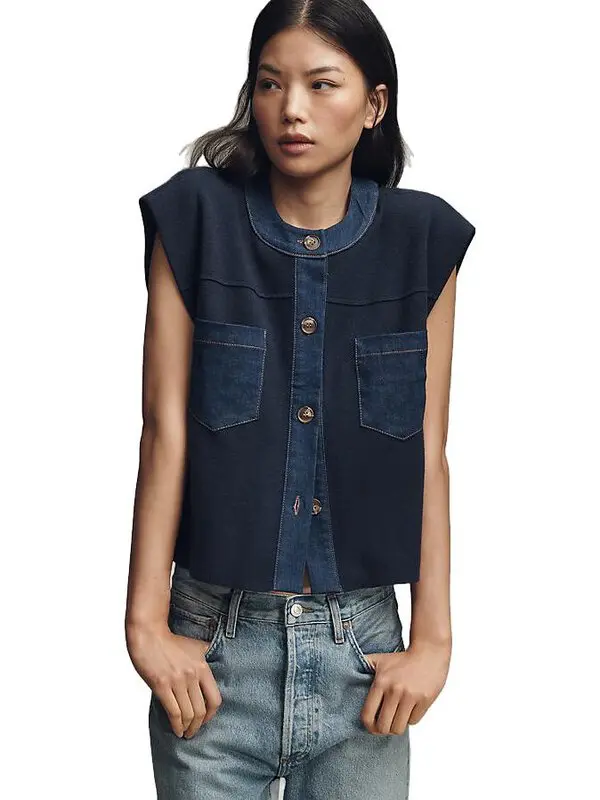 PILCRO Denim Crewneck Cardigan Vest - Navy