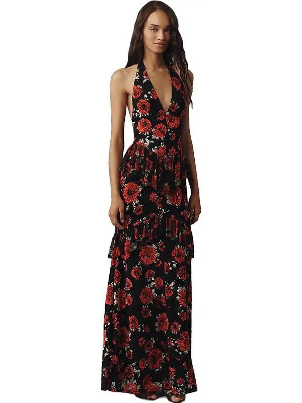 AFRM Halter Ruffle Maxi Dress - Black Pattern