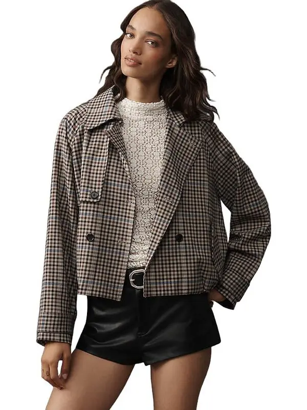 Rails Jett Double-breasted Crop Trench Coat Jacket - Brown Plaid