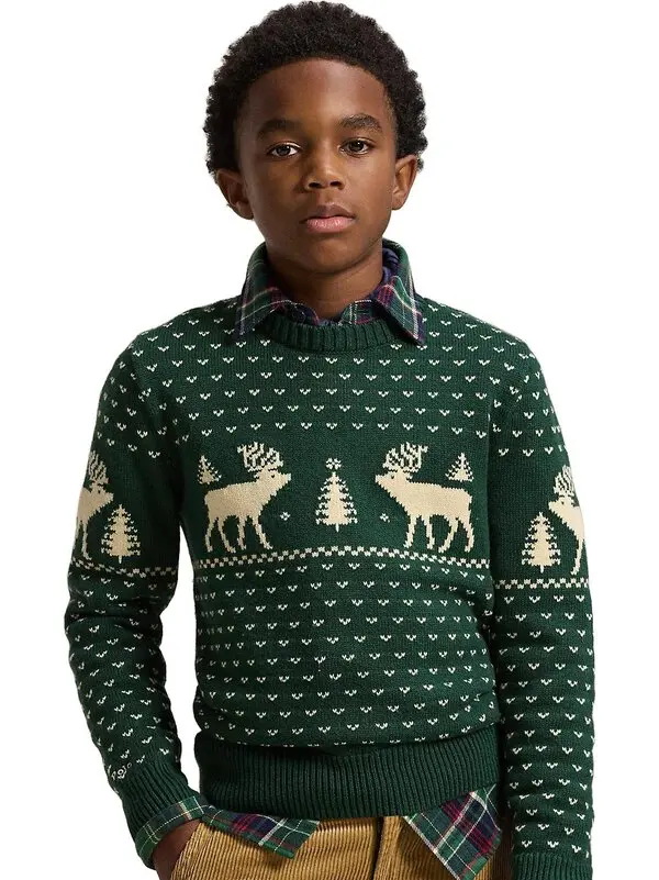 Ralph Lauren Reindeer-intarsia Cotton-blend Sweater - Green Combo