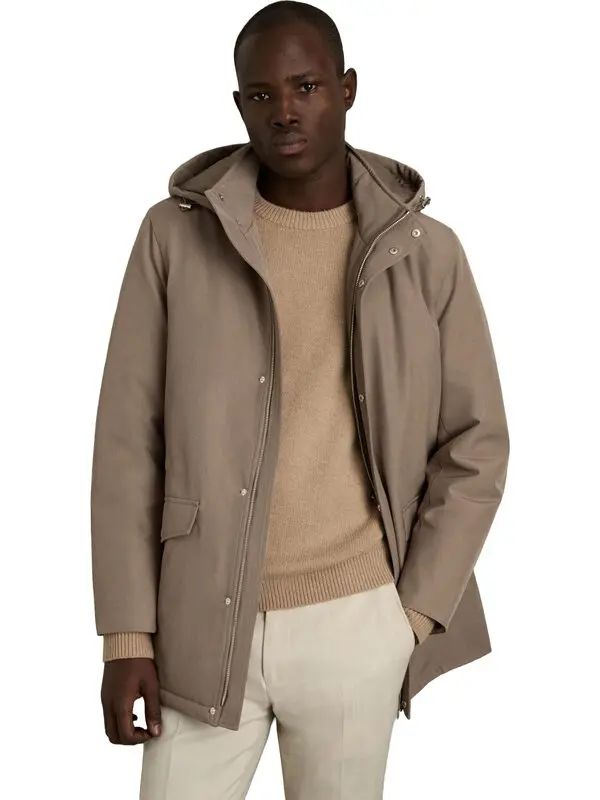 REISS Lucan Hooded Zip-through Padded Jacket - Coffee Brown