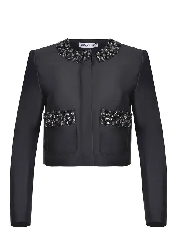 SELF-PORTRAIT Satin Jacket With Rhinestones - Black