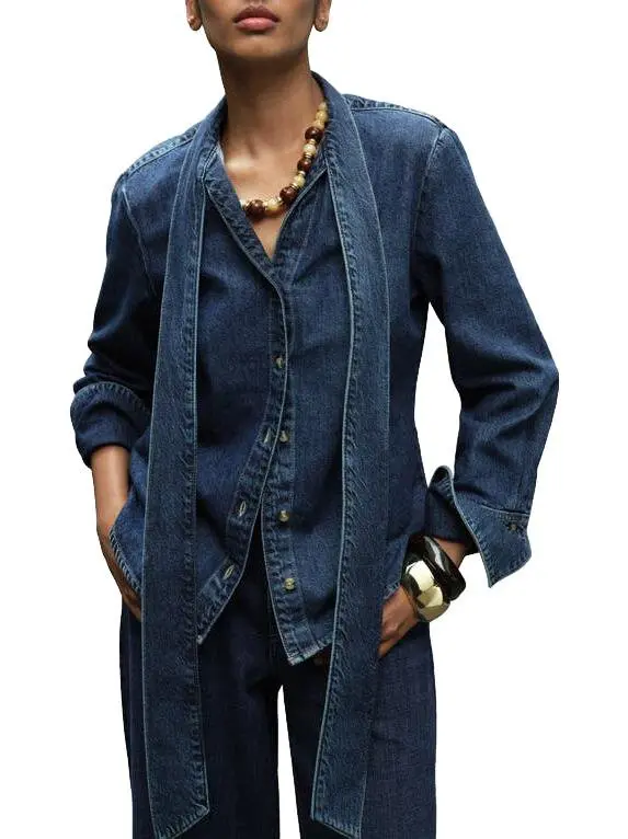 Mango Tie Neck Denim Button-up Shirt - Dark Blue