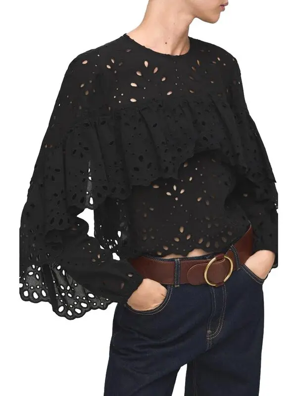 Mango Embroidered Eyelet Flutter Sleeve Top - Black
