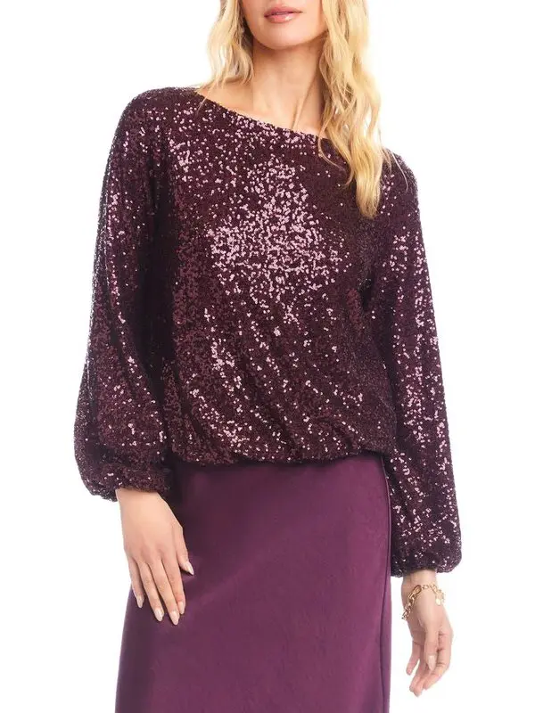 Karen Kane Sequin Boat Neck Top - Eggplant