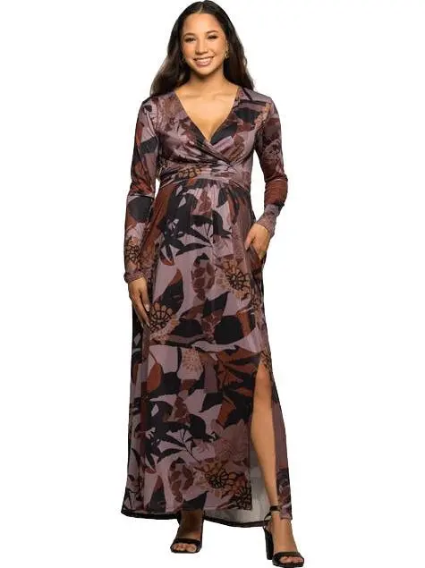 24SEVEN COMFORT APPAREL Floral Print Long Sleeve Wrap Maxi Dress - Gray Multi