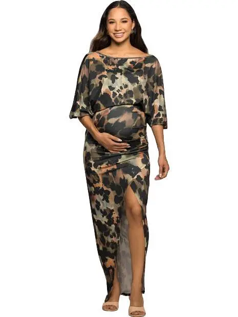 24SEVEN COMFORT APPAREL Abstract Print Batwing Sleeve Maternity Maxi Dress With Slit - Green Multi