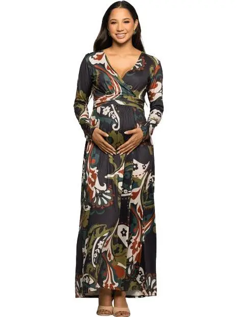 24SEVEN COMFORT APPAREL Paisley Print Maternity Wrap Maxi Dress - Green Multi