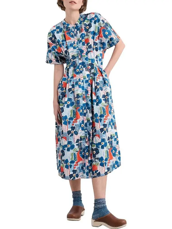 SEASALT CORNWALL Lamorna Print Organic Cotton Midi Dress - Table Sketch Chalk