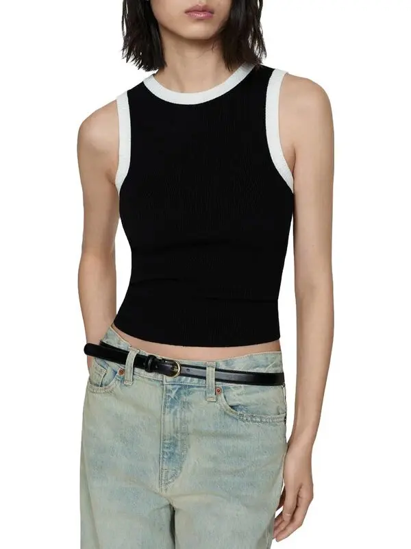 Mango Contrast Piping Rib Tank Top - Black