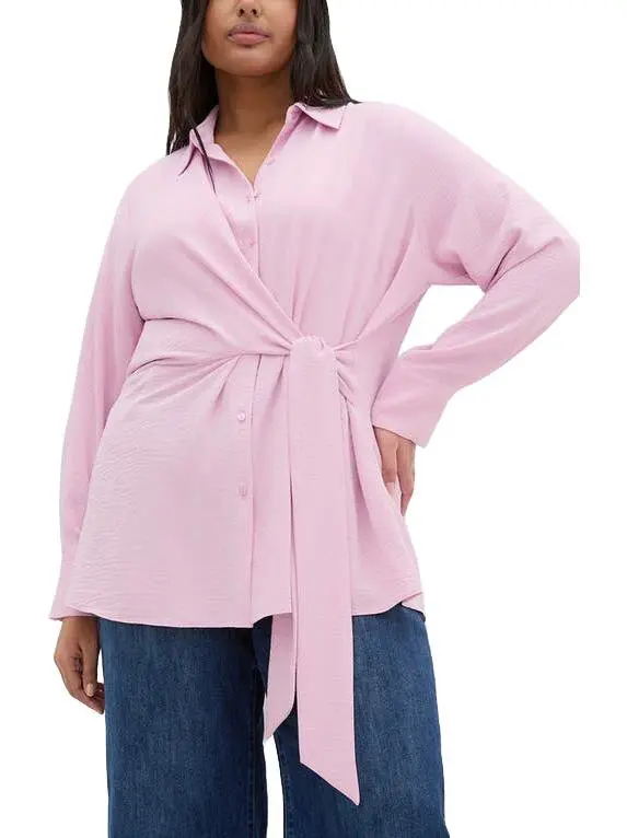 City Chic Telia Tie Waist Button-up Shirt - Soft Pink