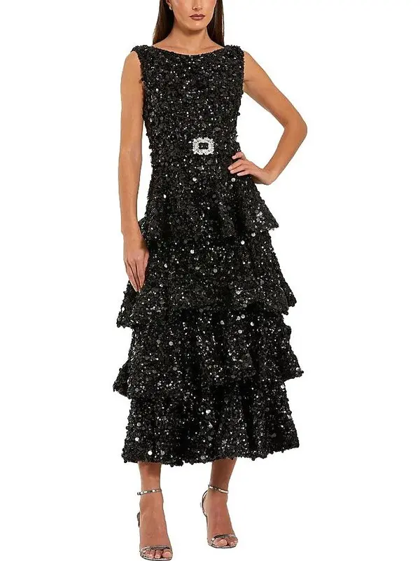 Mac Duggal Sleeveless Sequin Ruffle Midi Dress With Belt - Black