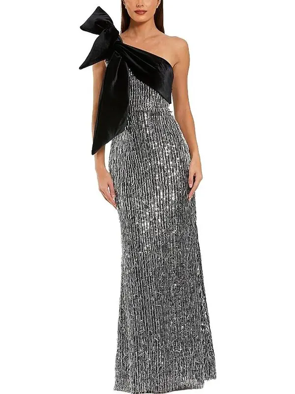 Mac Duggal Embellished Sequin Gown With Bow - Black Silver