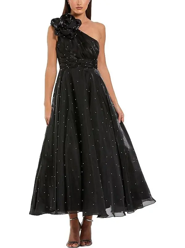 Mac Duggal Pearl Beaded One Shoulder Organza Midi Dress - Black Ivory