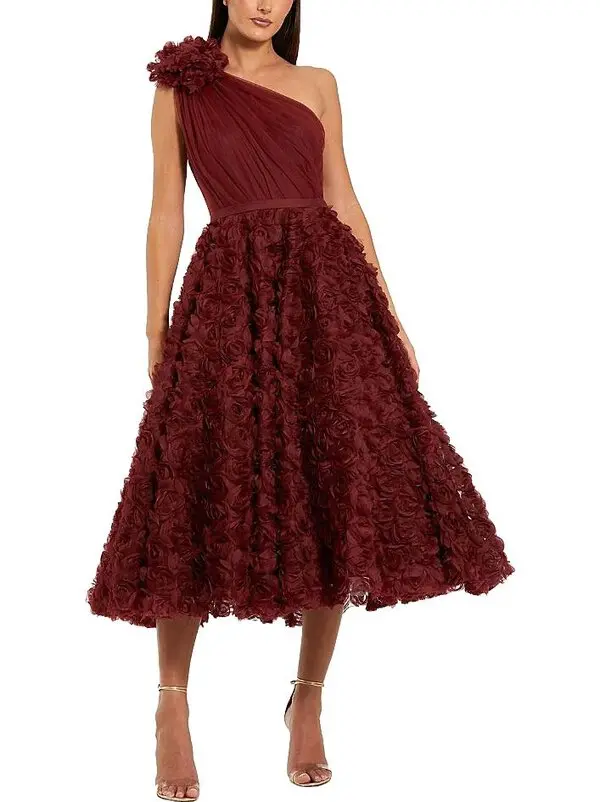 Mac Duggal One-shoulder Rosette A-line Midi Dress - Wine