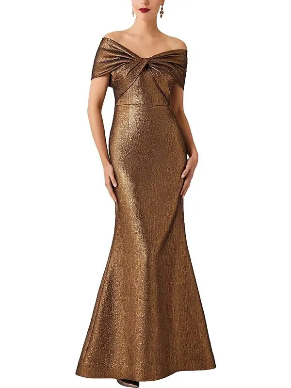Rickie Freeman For Teri Jon Off-shoulder Twist Metallic Jacquard Gown - Bronze