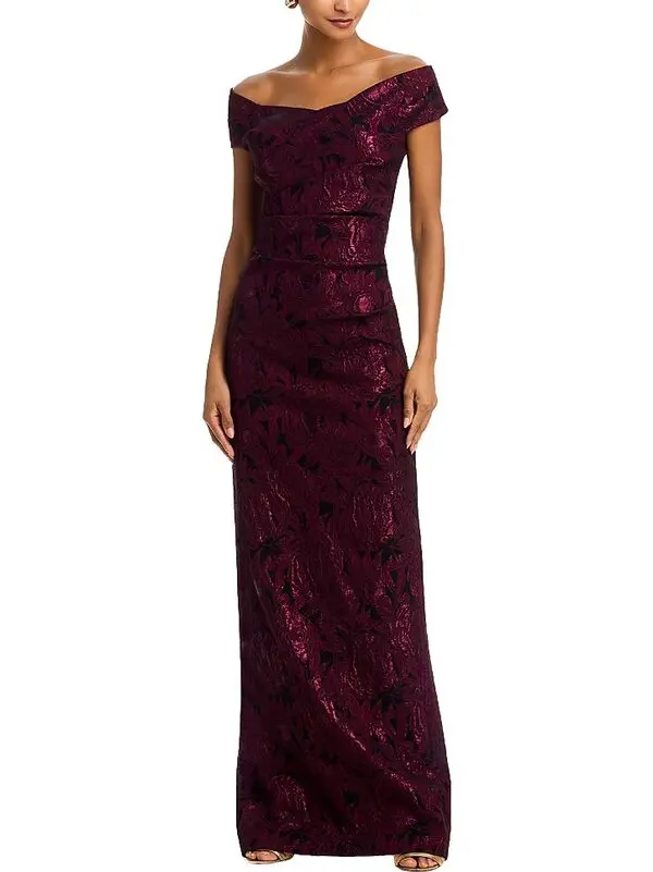 Rickie Freeman For Teri Jon Floral Jacquard Off-the-shoulder Gown - Black Merlot