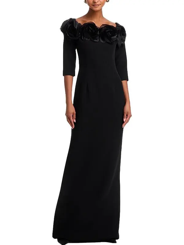Rickie Freeman For Teri Jon Crepe 3d Flower Off-the-shoulder Gown - Black