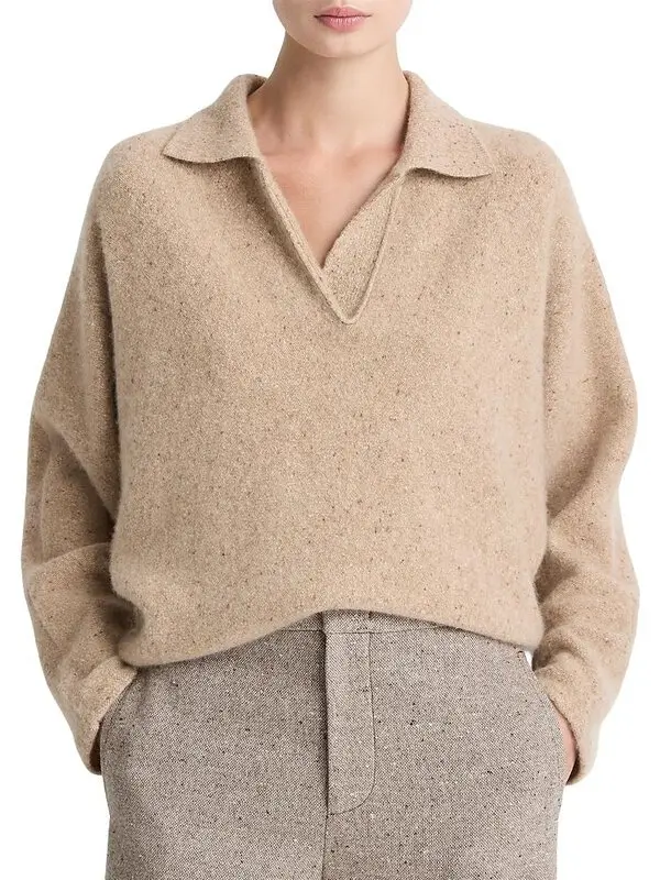 Vince Donegal Dolman Polo Collar Cashmere Sweater - Heather Oat Done