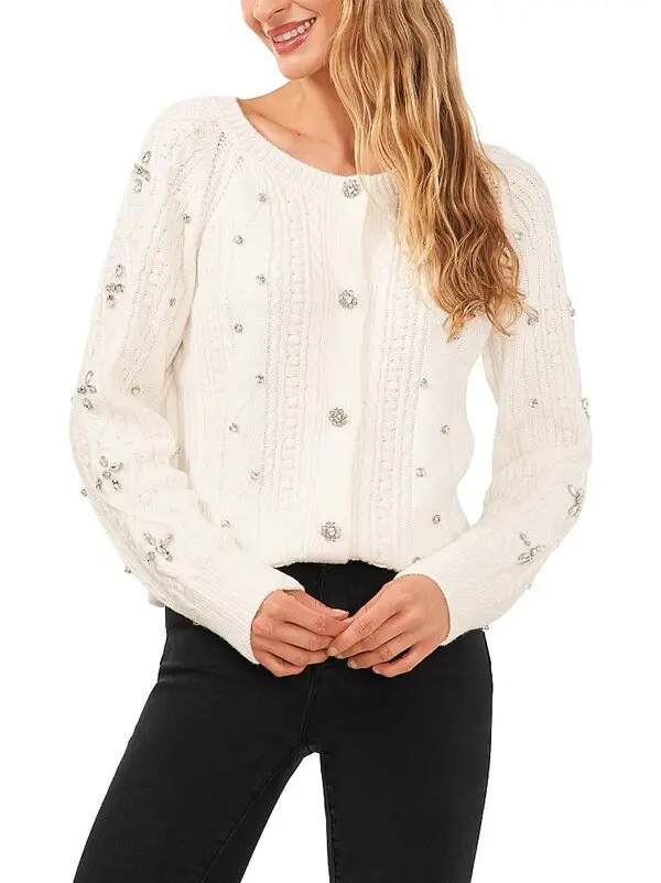 CECE DUPRAZ Rhinestone Cable Knit Cardigan - Antique White