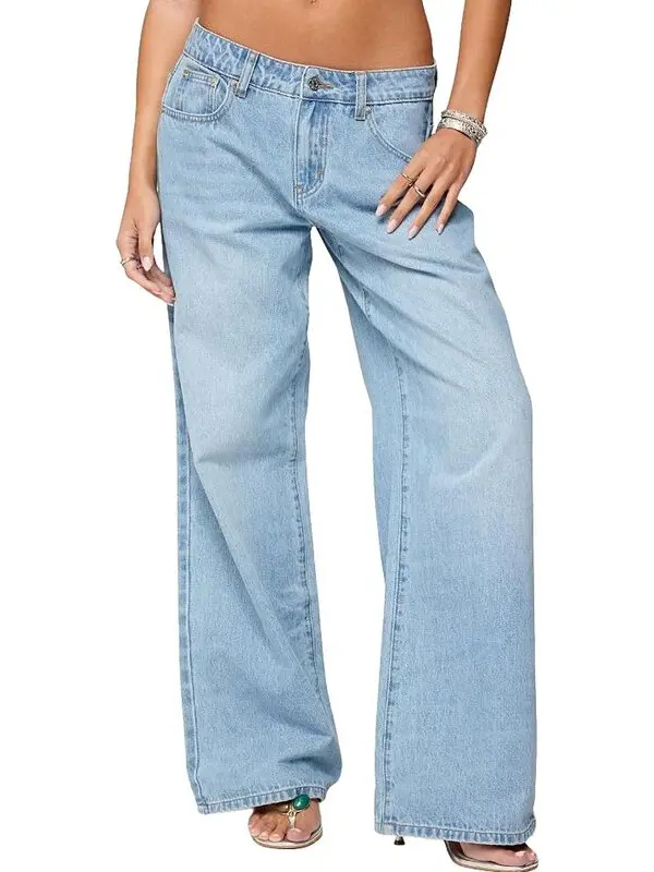 EDIKTED Mirra Embroidered Flower Low Rise Jeans - Blue