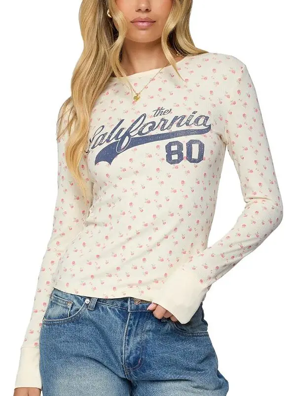 EDIKTED Floral Ribbed Long Sleeve T-shirt - Cream
