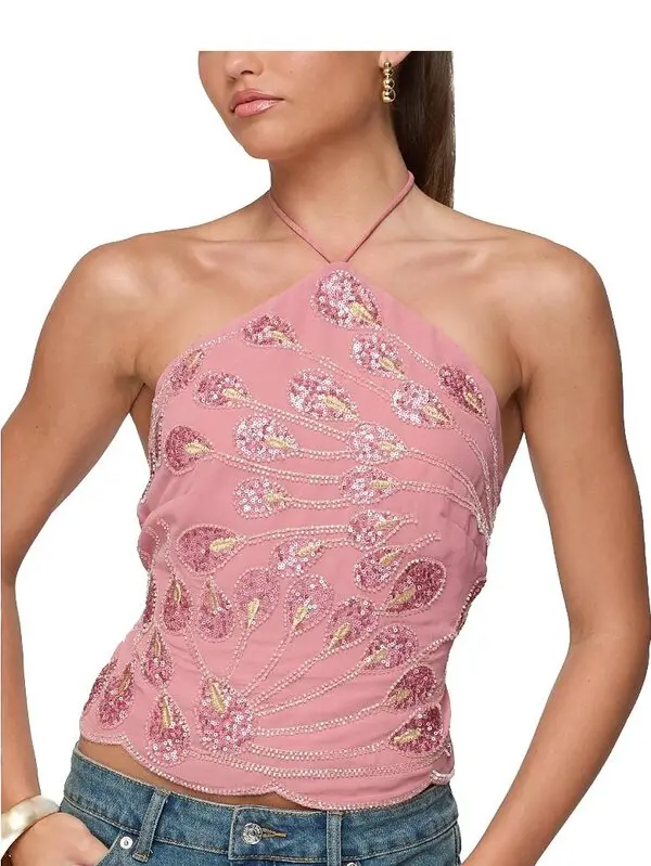 EDIKTED Embroidered Bead & Sequin Halter Top - Pink