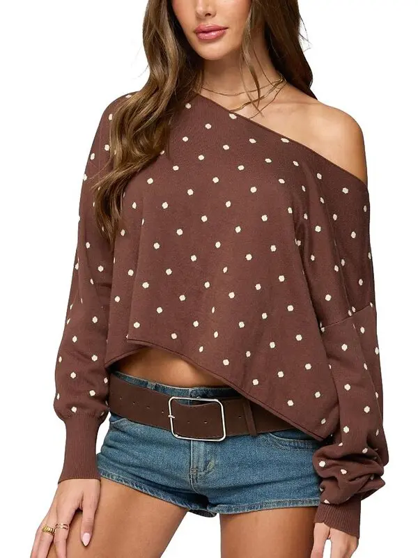EDIKTED Oversized Off Shoulder Polka Dot Sweater - Brown