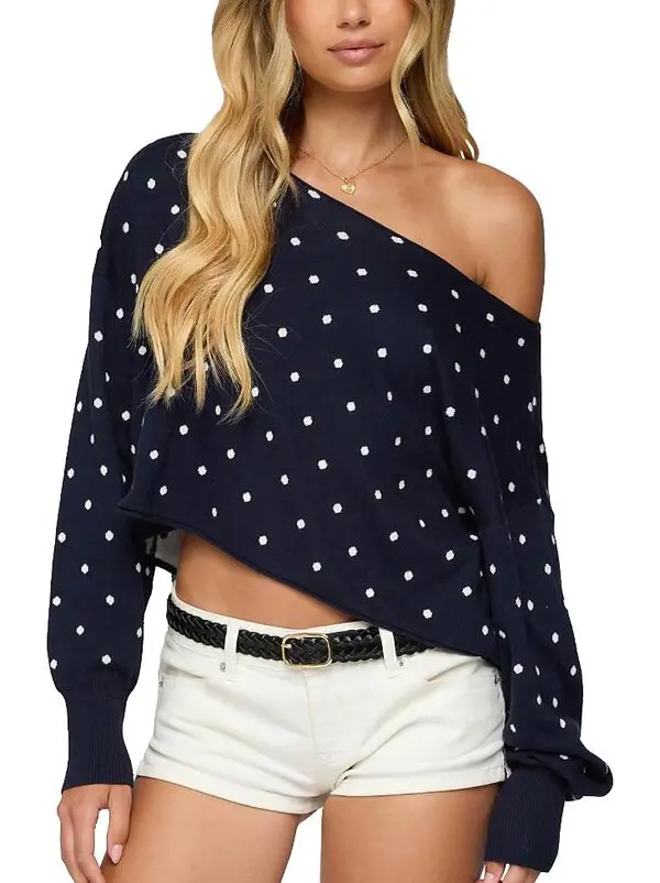 EDIKTED Oversized Off Shoulder Polka Dot Sweater - Navy
