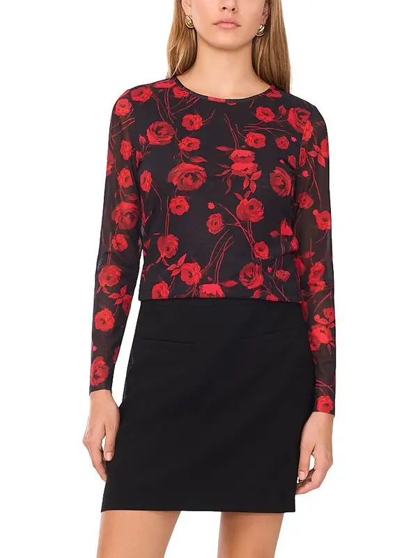 1.State Floral Mesh Long Sleeve Top - Rich Black