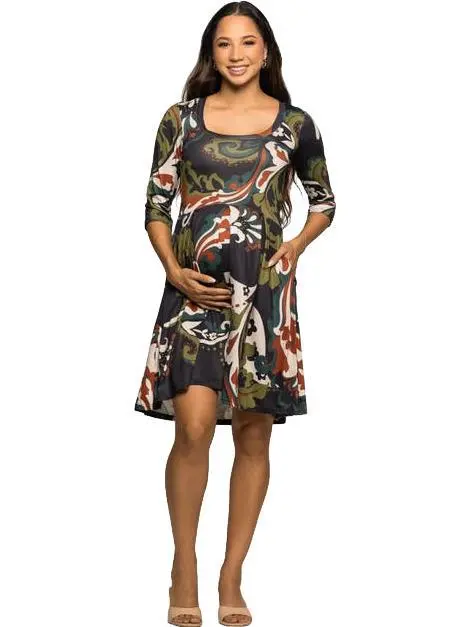 24SEVEN COMFORT APPAREL Paisley Print Fit And Flare Dress - Green Multi