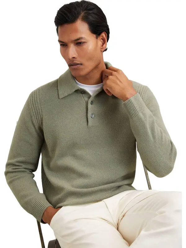REISS Deansgate Wool-blend Polo Jumper With Cashmere - Sage Green