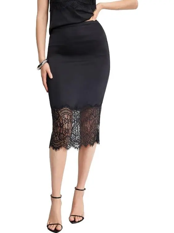 Good American Lace Trim Satin Midi Skirt - Black001