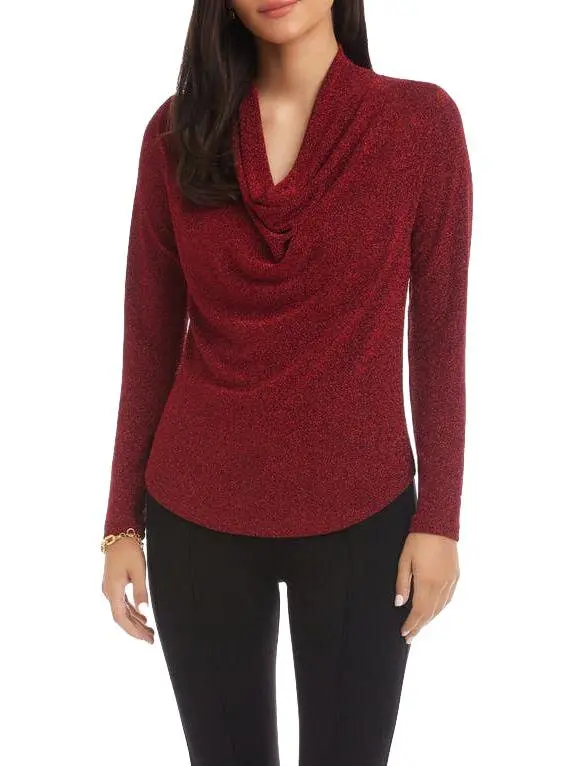Karen Kane Metallic Knit Cowl Neck Top - Red