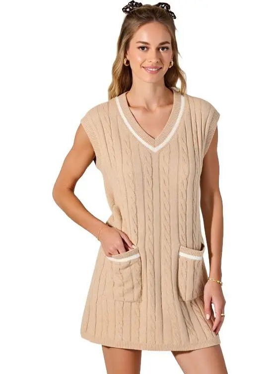 MODENAIRE Cable-knit Mini Sweater Tank Dress With Pockets - Beige