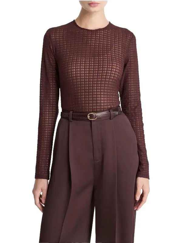 Vince Shadow Grid Long-sleeve Top - Burgundy
